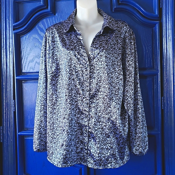 Vintage | Tops | Vintage Periwinkle Silky Graphic Button Down Blouse ...
